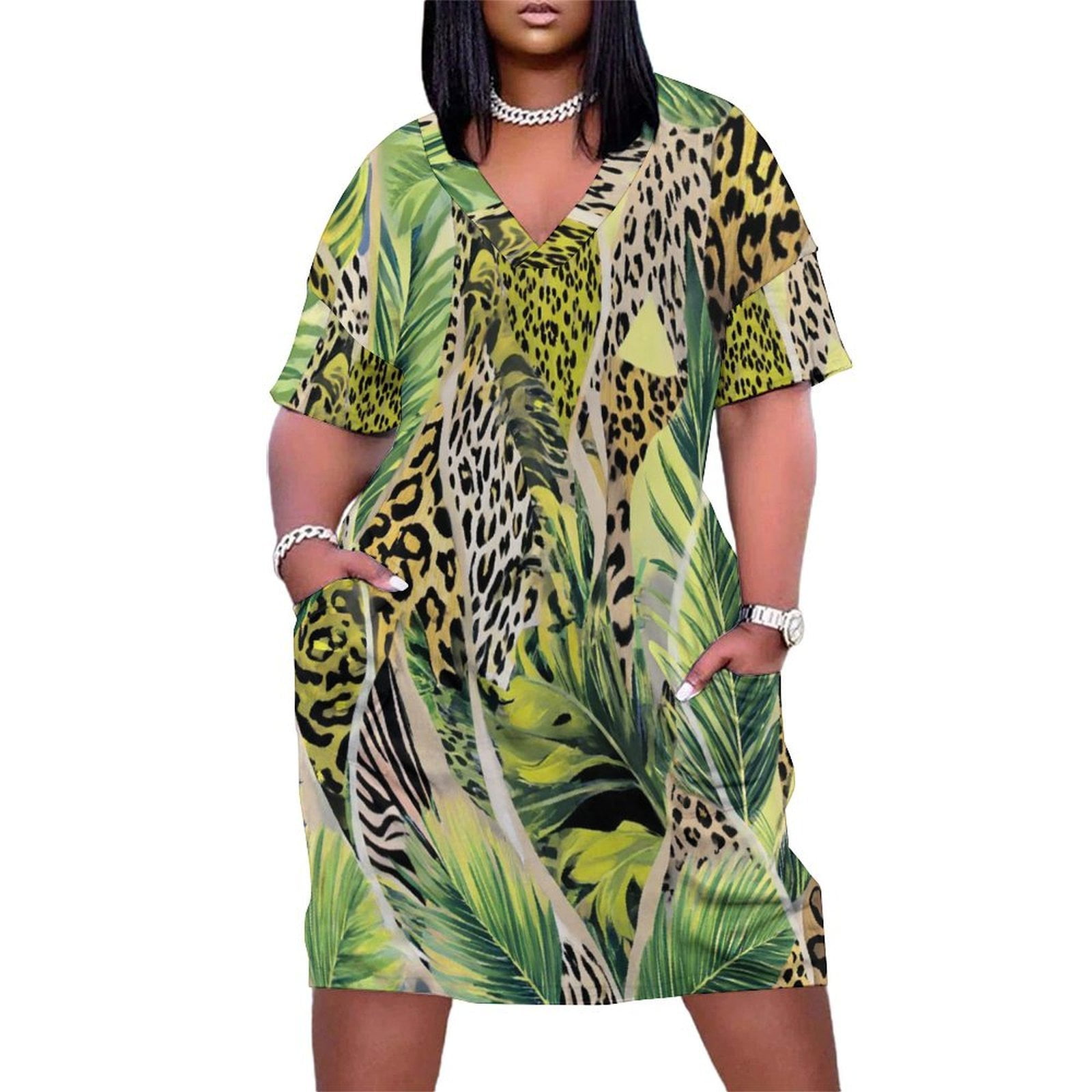 Tropical Leopard Print Jungle Leaves Loose Pocket Dress Dresses Summer ...