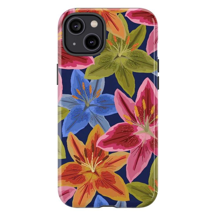 Tropical Lily Flower Phone Case – Navy Blue Background with Pink, Green ...