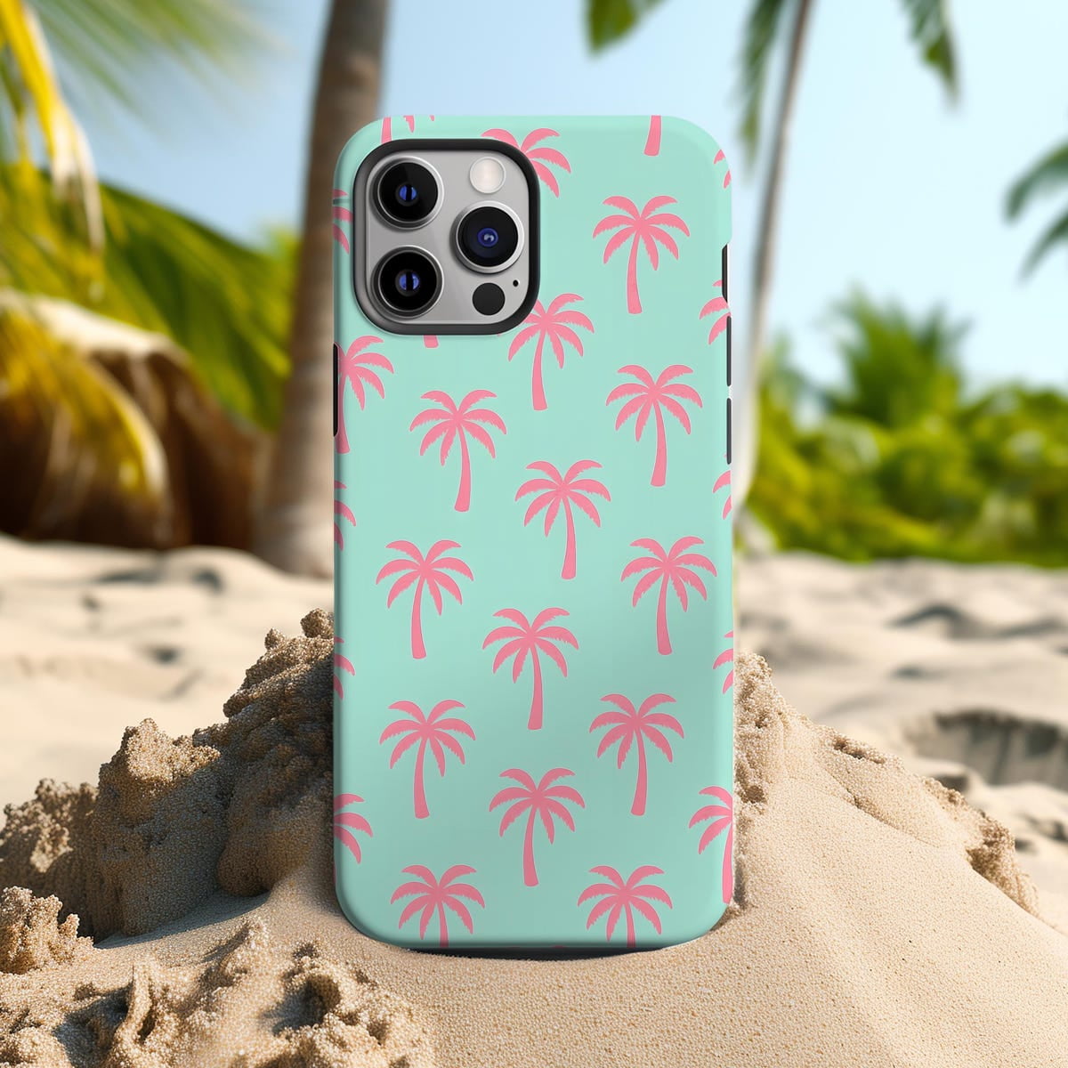 Tropical Mint Coral Pink Palm Tree Design with iPhone 17 to 11 Pro Max ...