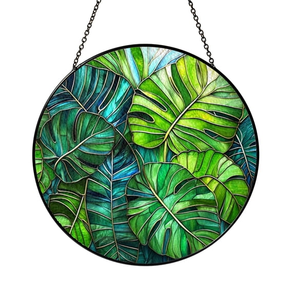 Tropical Monstera Glass Suncatcher Window Decor Lush Green Leaf ...