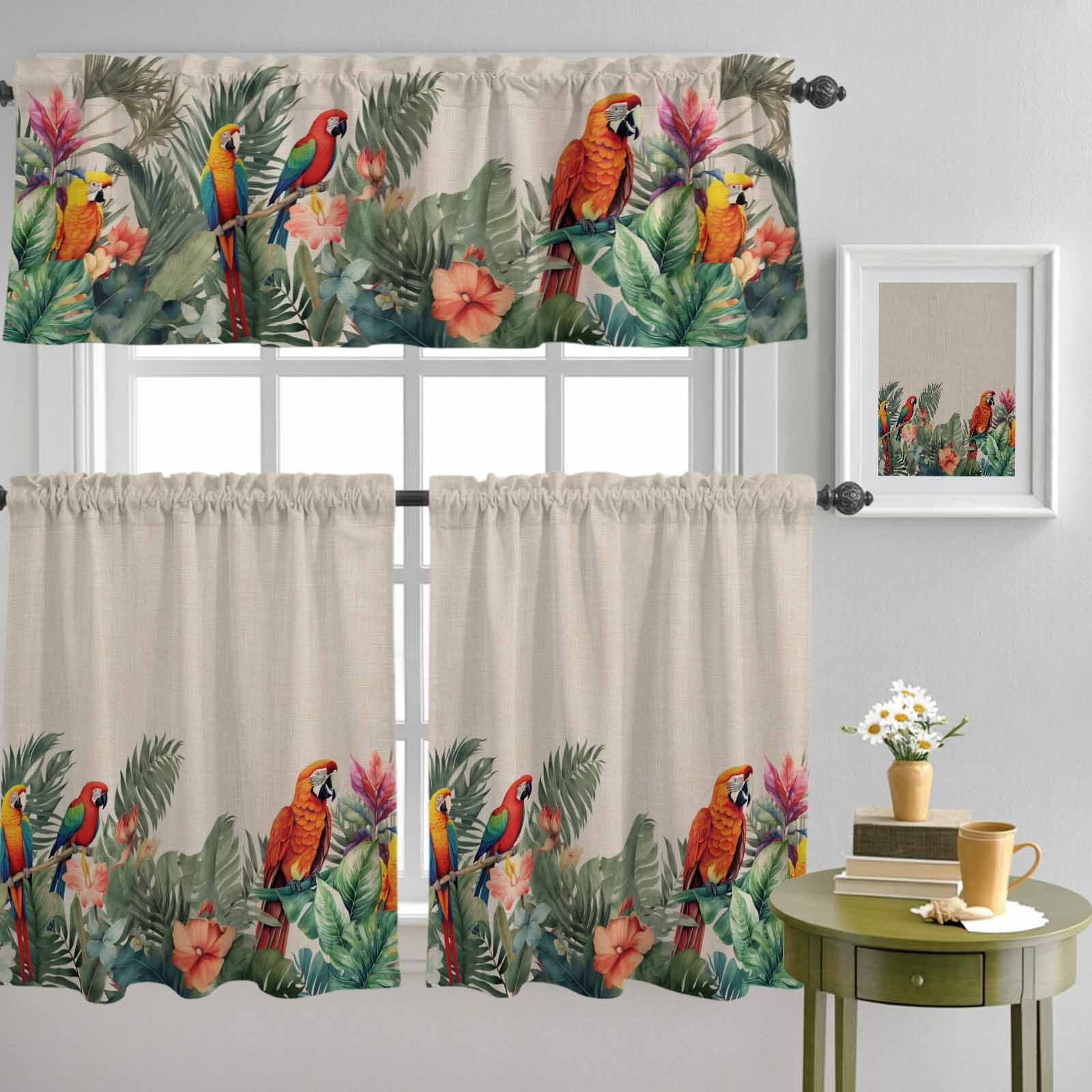 Tropical Monstera Parrot Bird Curtain Tier and Valance Set 3 Piece ...