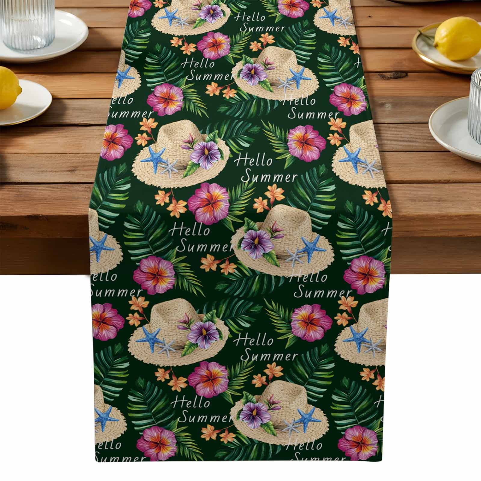 Tropical Motivational Table Runner, Hello Summer Hat Tropical Plants ...
