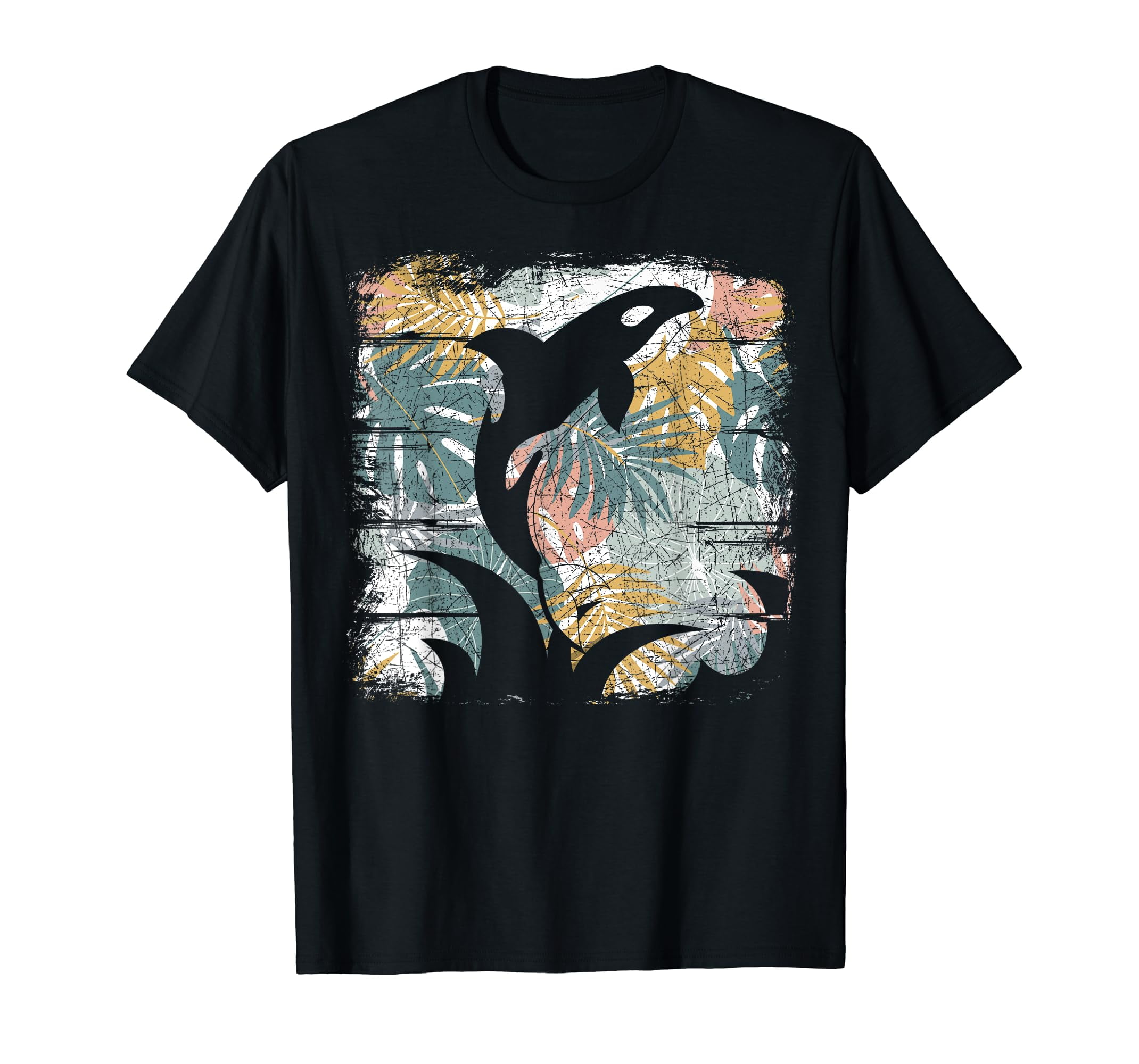 Tropical Nature Pattern Exotic Summer Vacation Whale Orca T-Shirt Black ...