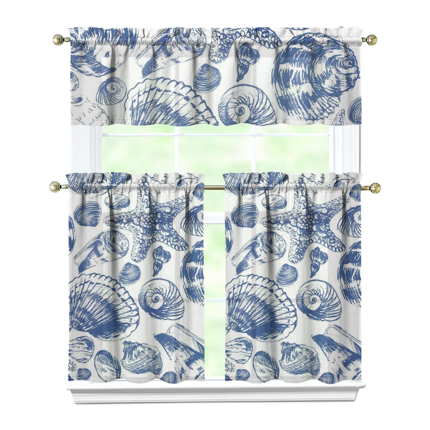 Tropical Nautical Kitchen Curtains Set - Starfish & Fish Marine Life ...