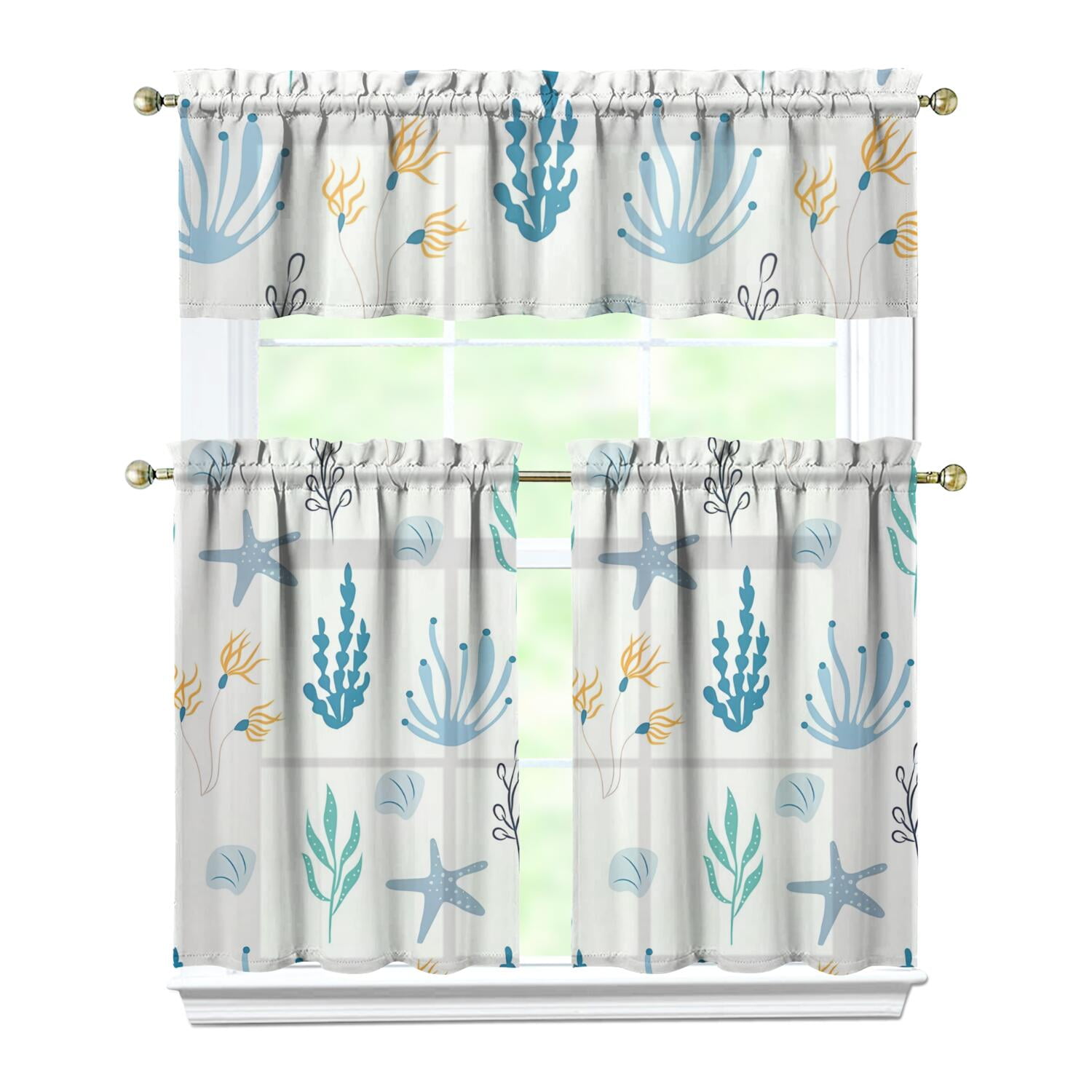Tropical Nautical Kitchen Curtains Set - Starfish & Fish Marine Life ...