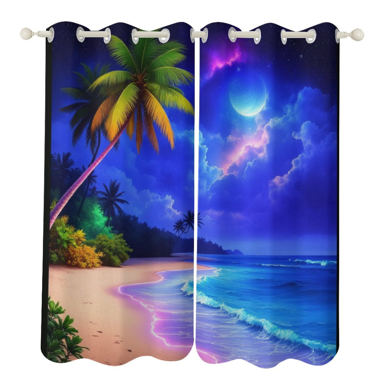 Tropical Night Beach 2 Panels 3D Printing Pattern Curtain for Bedroom ...