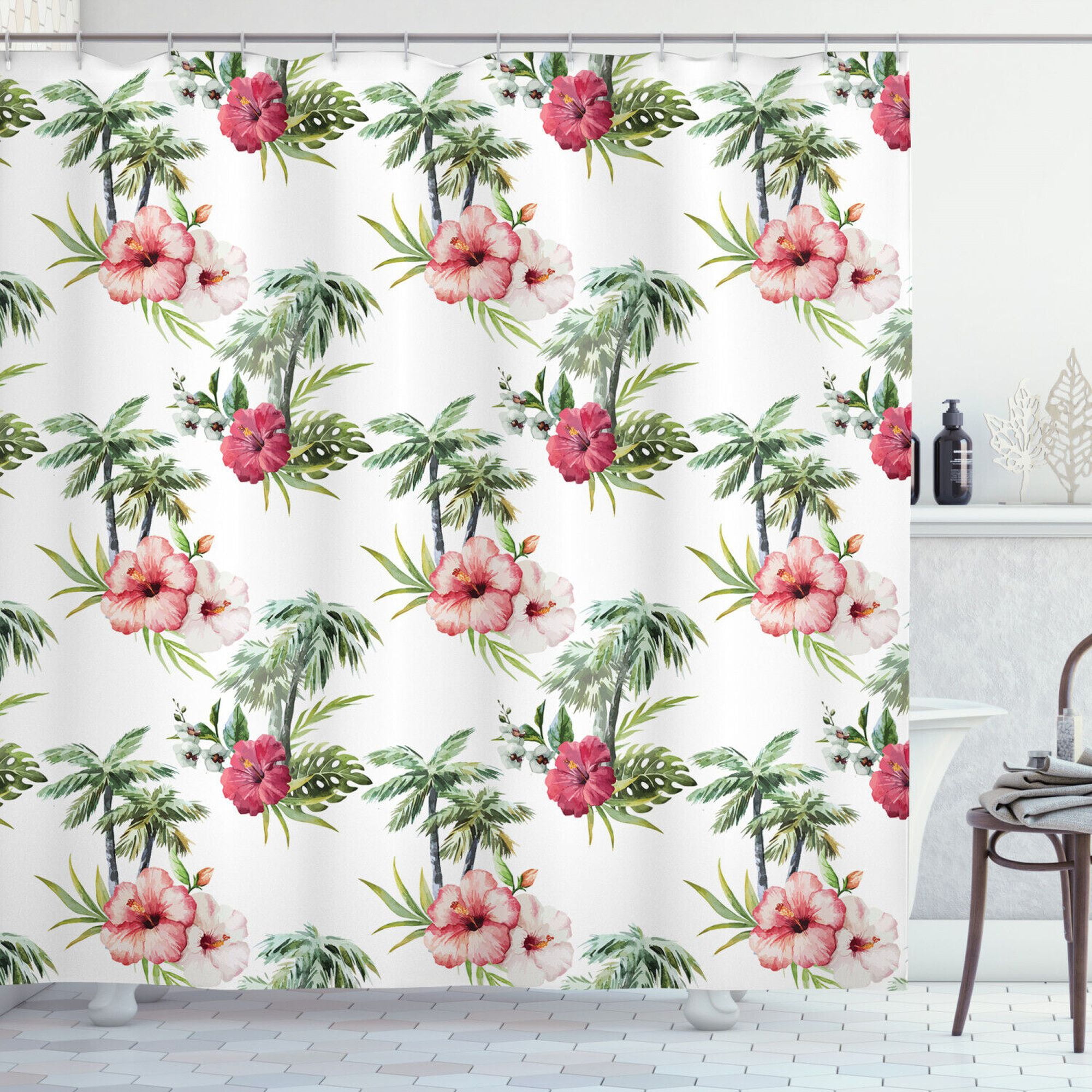 Tropical Oasis Shower Curtain: Lush Palm Trees and Stunning Hibiscus ...