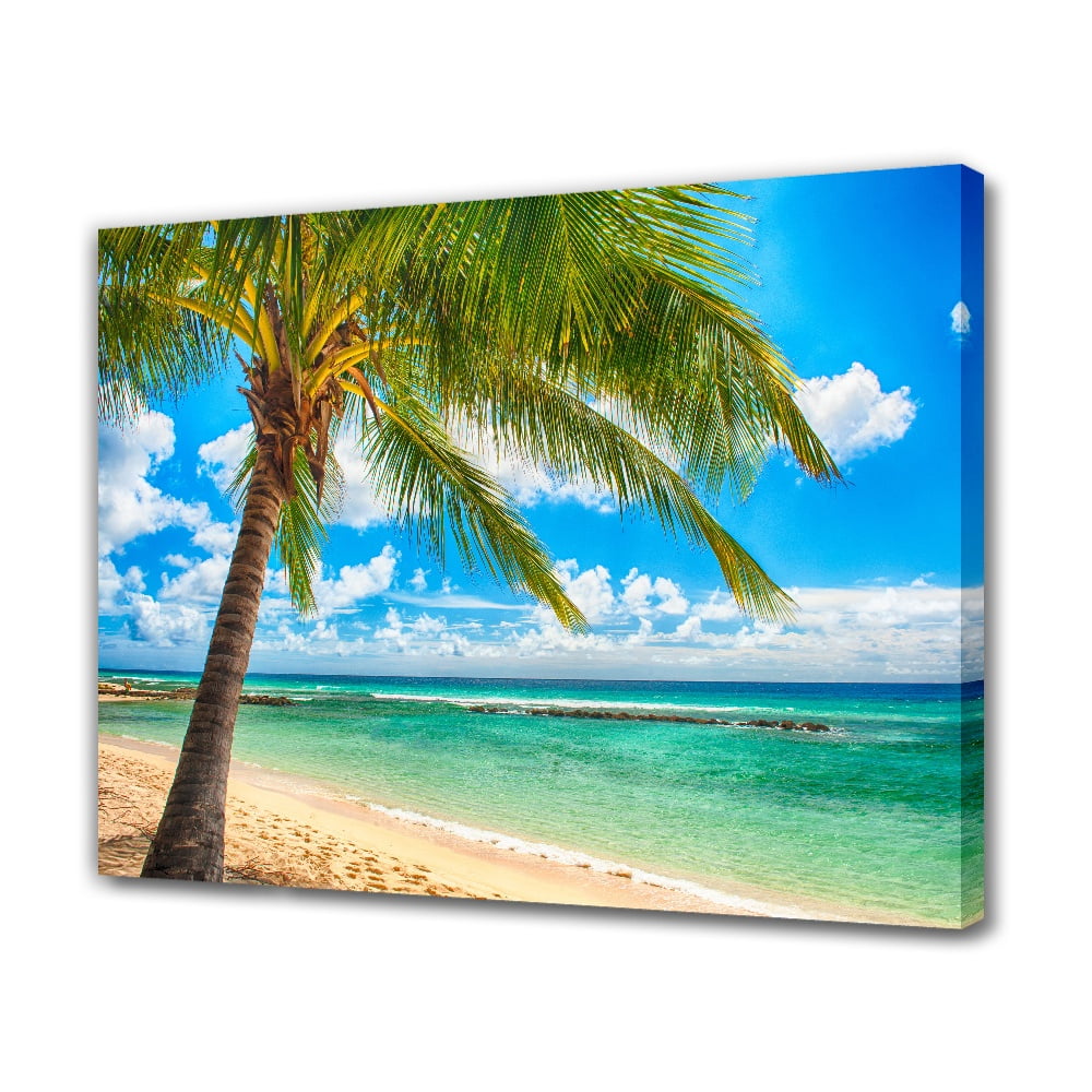 Tropical Ocean Beach Coconut Palm Tree Blue Skyline Canvas Poster ...
