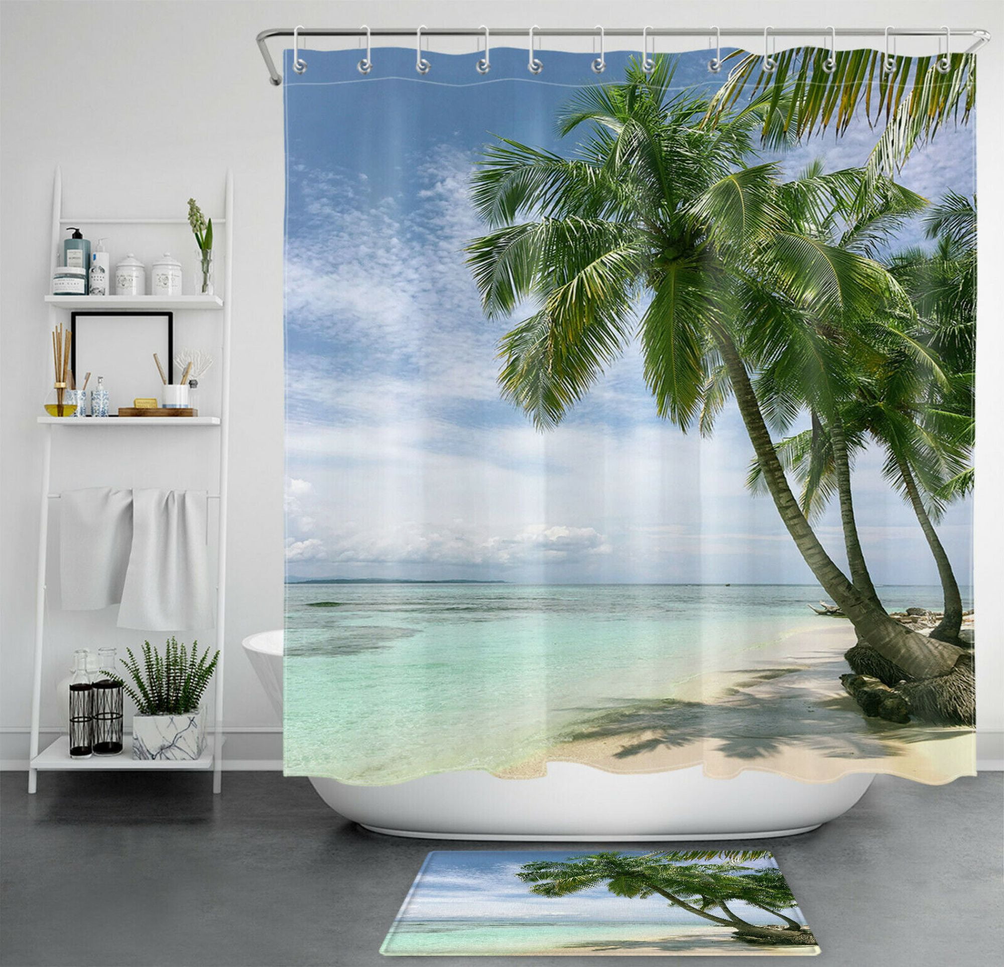 Tropical Ocean Beach Scenery Shower Curtain Tree Bathroom Accessory ...