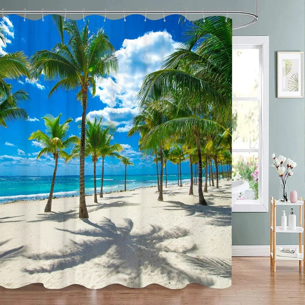 Tropical Ocean Beach Shower Curtain Sunset Seaside Palm Tree Hawaii ...