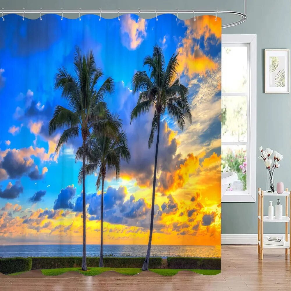 Tropical Ocean Beach Shower Curtain Sunset Seaside Palm Tree Hawaii ...
