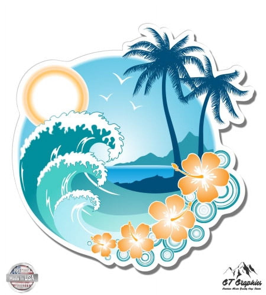 Tropical Ocean Beach Waves Palm Tree Vacation - 3" Vinyl Sticker - For ...
