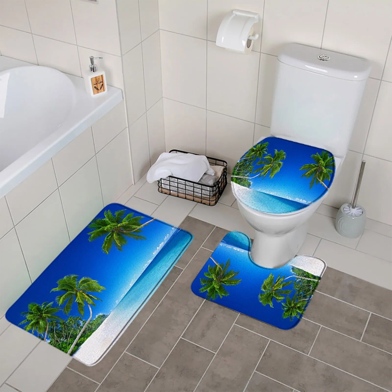 Tropical Ocean Landscape Bath Mat Set Beach Palm Trees Scenery Bath ...