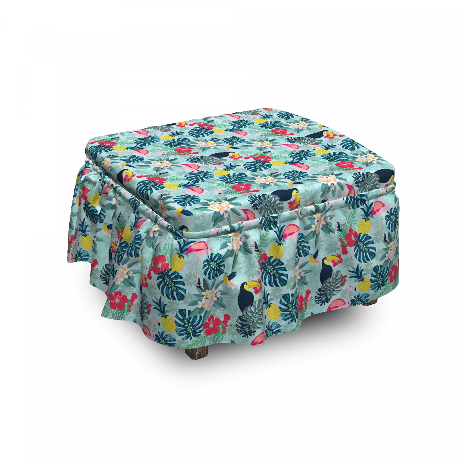Tropical Ottoman Cover, Flamingo Pineapple Toucan, 2 Piece Slipcover ...