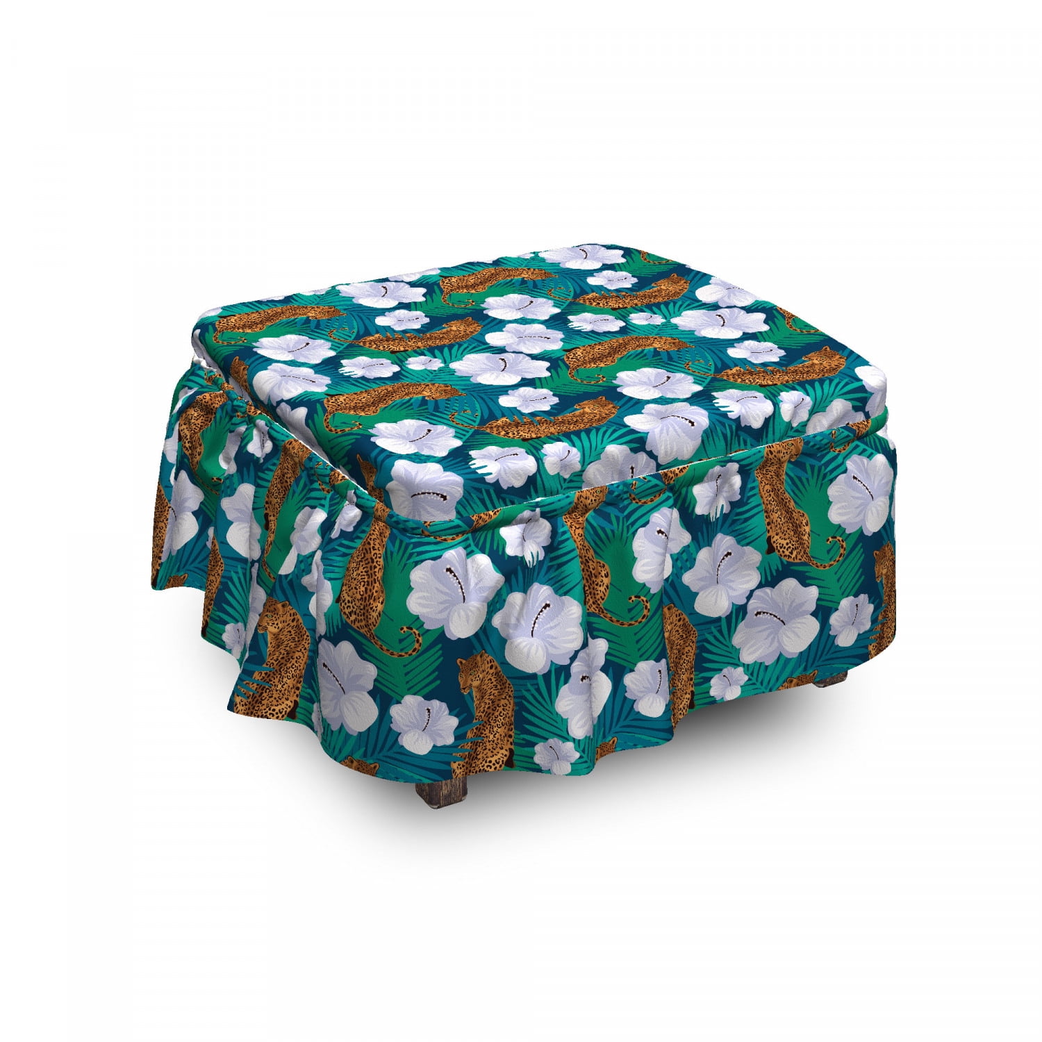 Tropical Ottoman Cover, Floral Jungle and Leopards, 2 Piece Slipcover ...