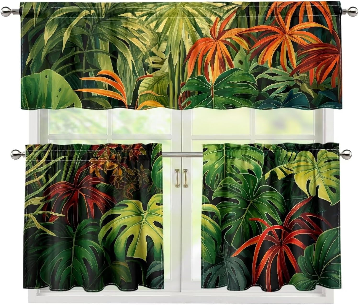 Tropical Palm 3-Piece Kitchen Curtain Set, Rod Pocket Kitchen Curtain ...