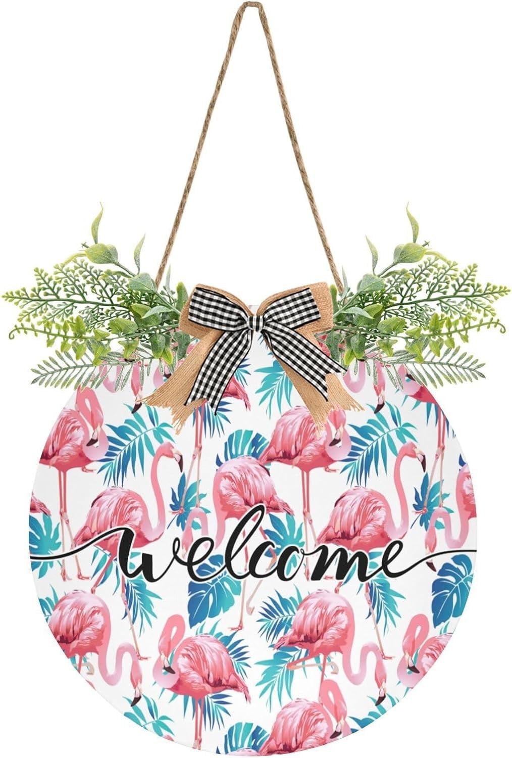 Tropical Palm Flamingo Welcome Sign Farmhouse Front Porch Door Hanging ...