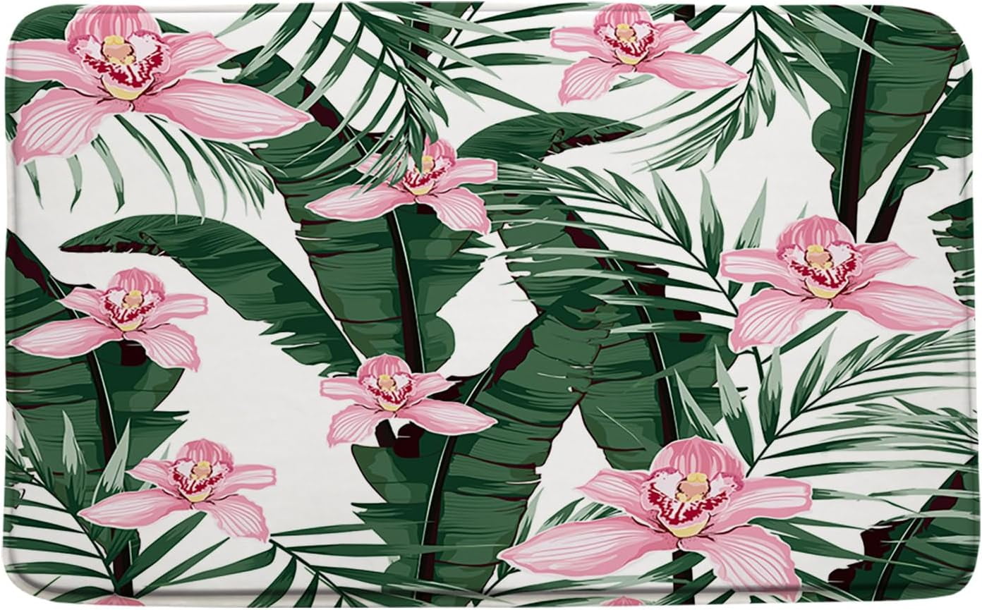 Tropical Palm Floral Bath Mat Green Leaves Plant Pink Hibiscus Flower ...