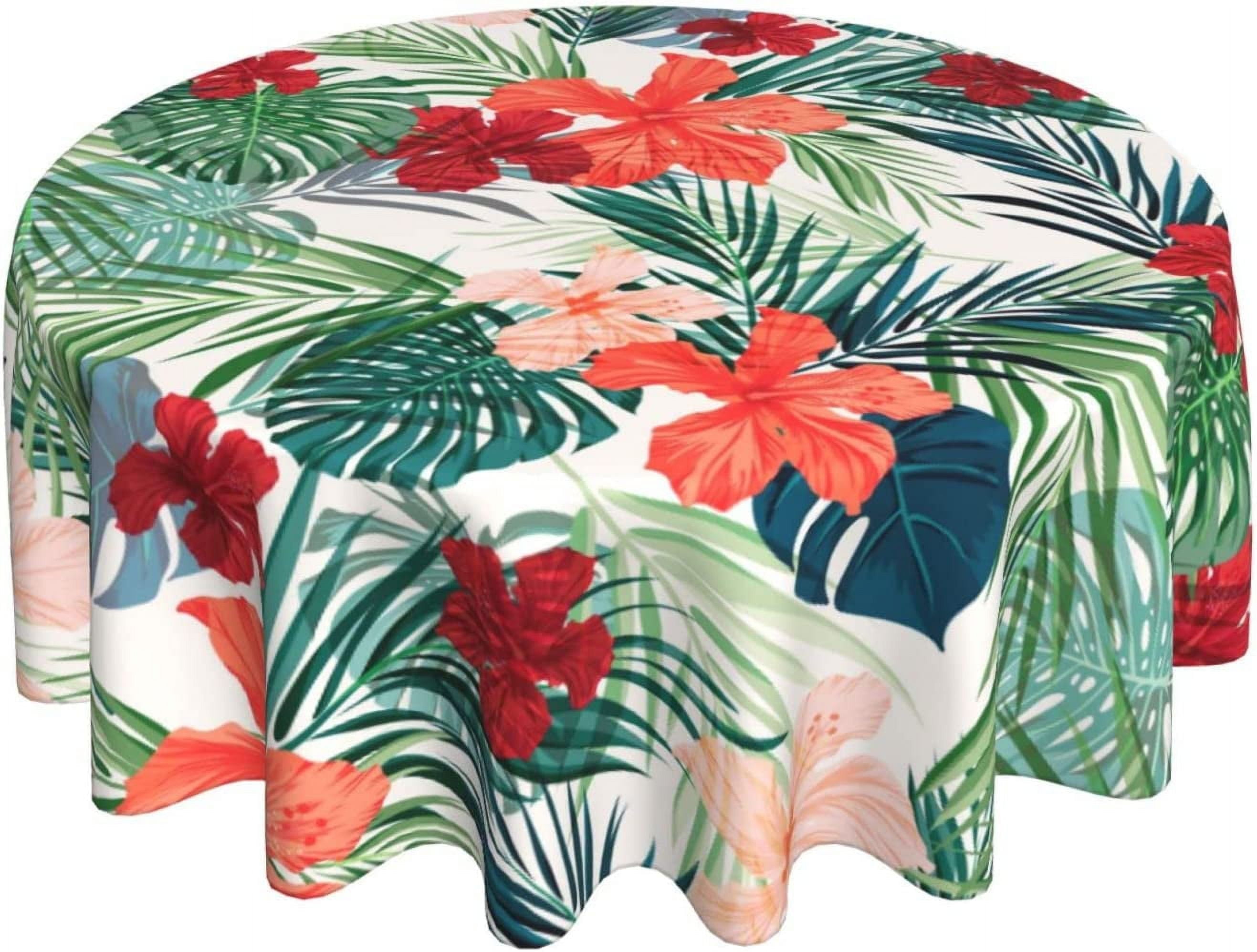 Tropical Palm Hibiscus Tablecloth Round 60 Inch Watercolor Summer Palm ...