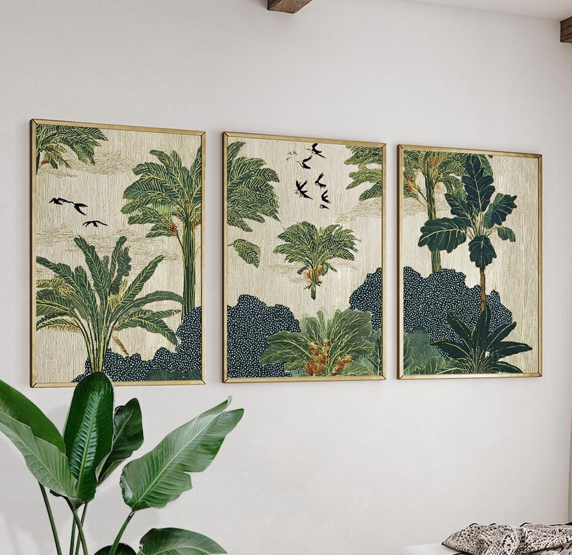 Tropical Palm Jungle Botanical Bird Landscape Triptych Vintage ...