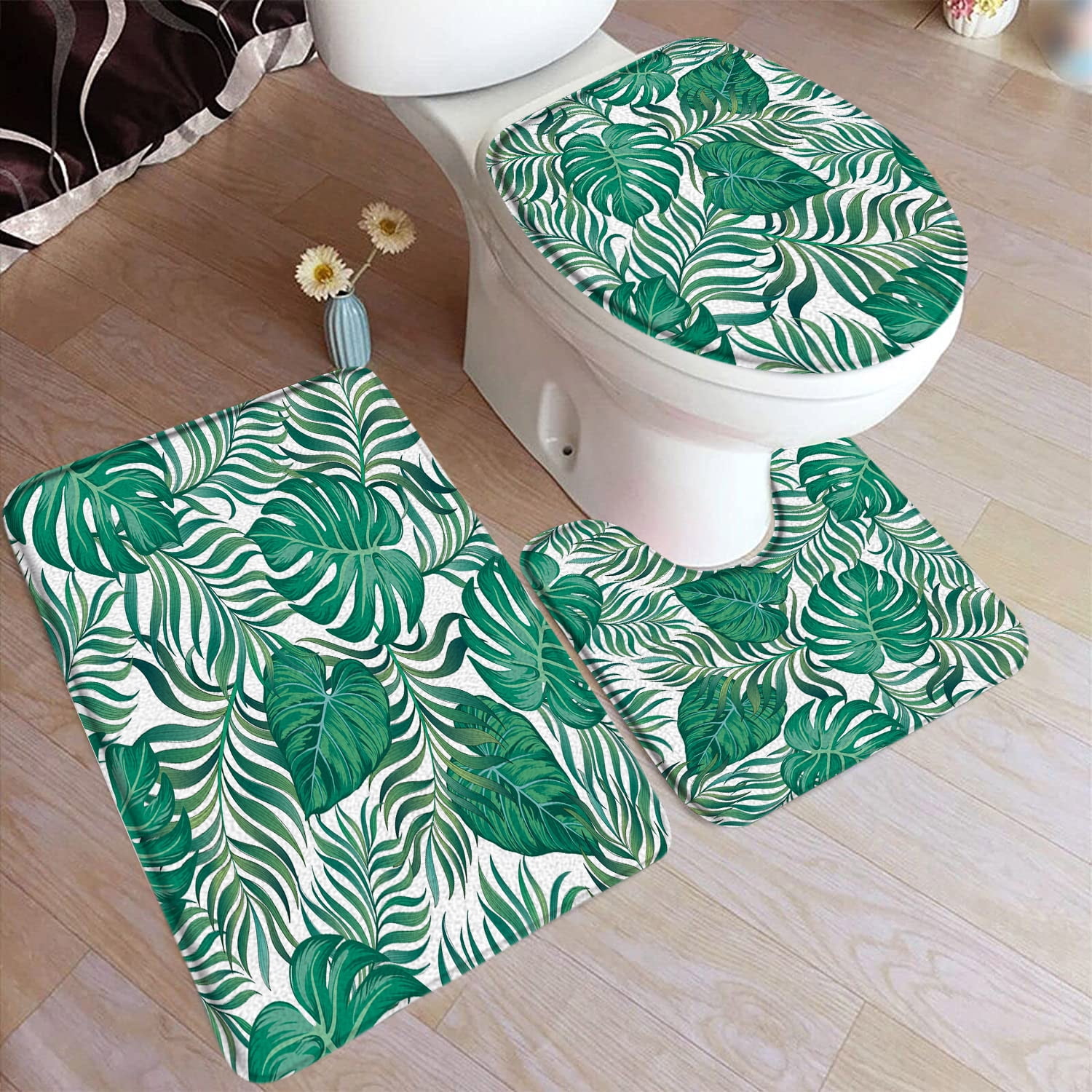Tropical Palm Leaf Bath Mat Set a Watercolour Green Plant Leaves Home ...