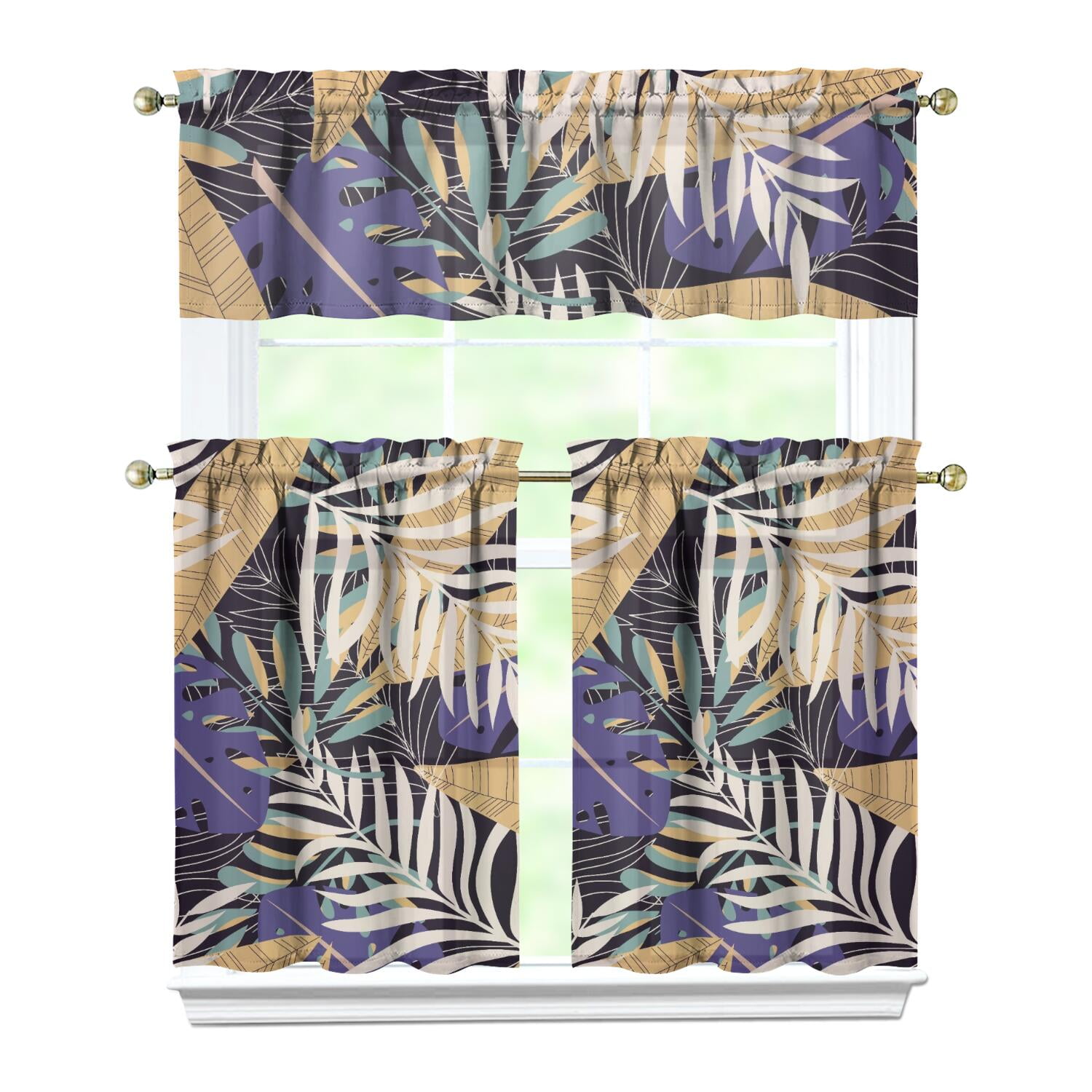 Tropical Palm Leaf Kitchen Curtains Set of 3 - Hawaiian Floral Valance ...