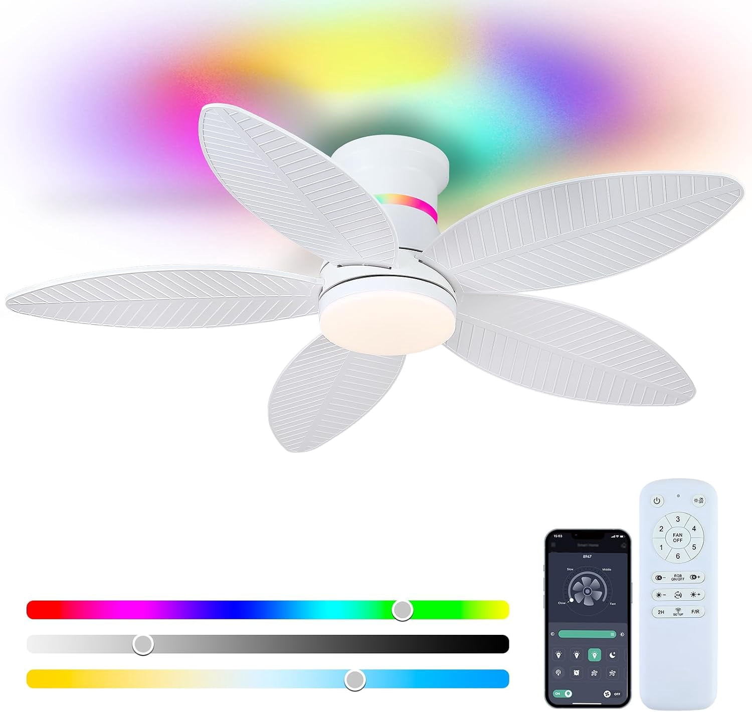 Tropical Palm Leaf RGB Ceiling Fans with Lights 46”, White Flush Mount ...