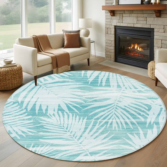 Tropical Palm Leaves 7FT Round Area Rugs for Living Room Boho Teal ...