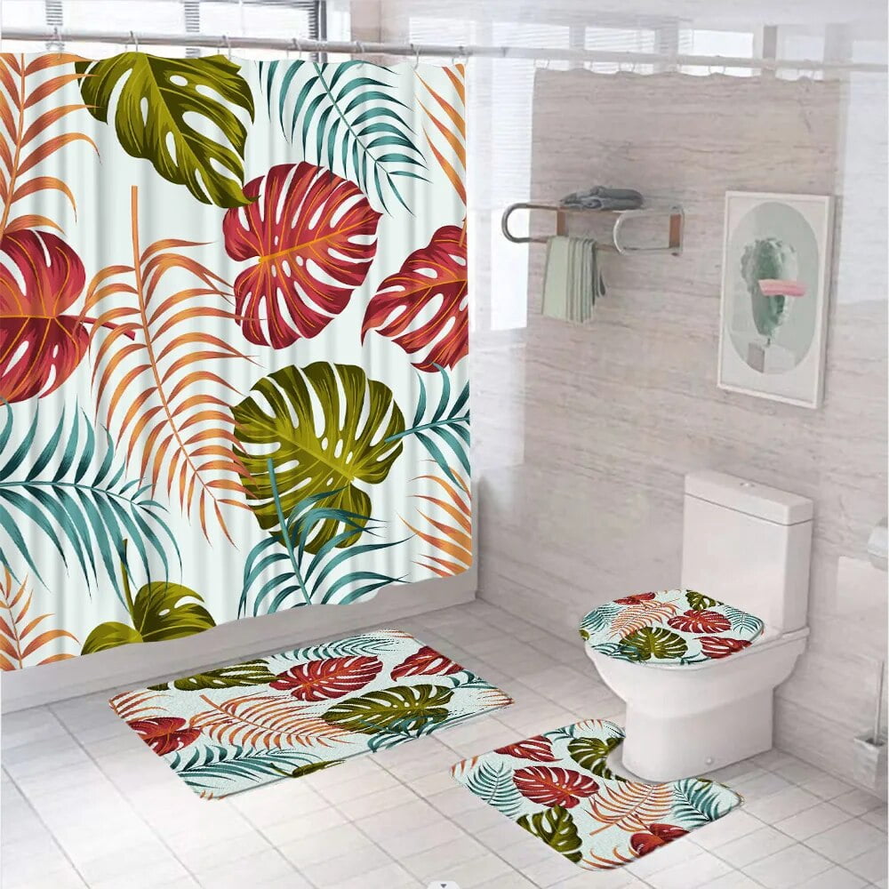 Tropical Palm Leaves Bathroom Set Shower Curtain Non Slip Rug ...