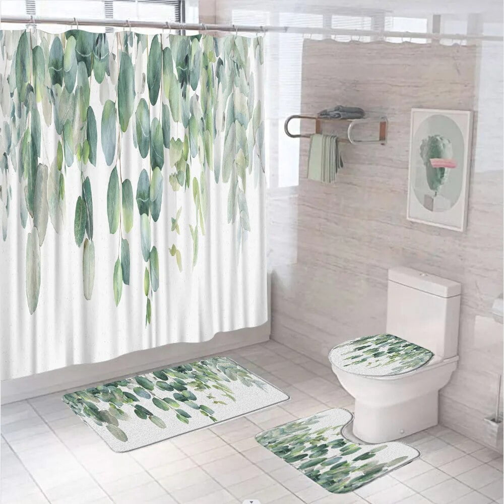 Tropical Palm Leaves Bathroom Set Shower Curtain Non Slip Rug ...