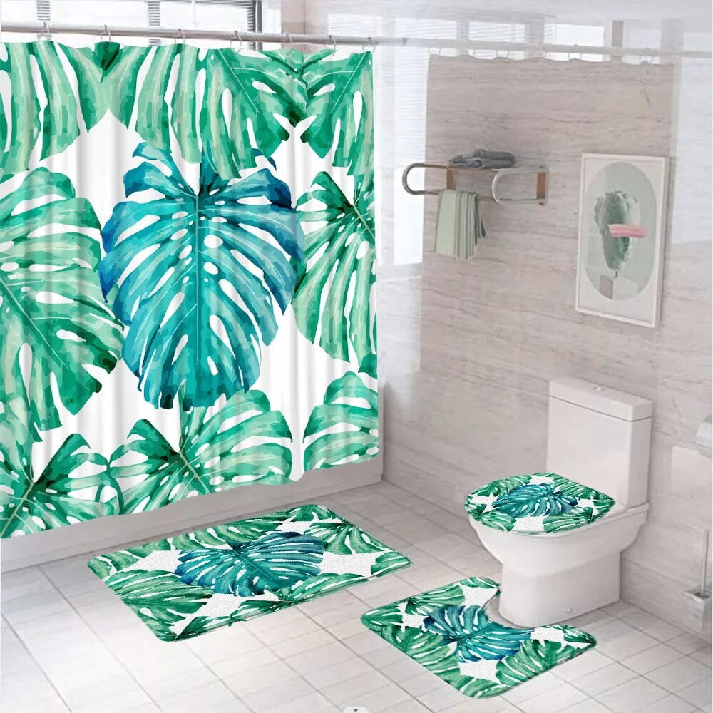 Tropical Palm Leaves Bathroom Set Shower Curtain Non Slip Rug ...