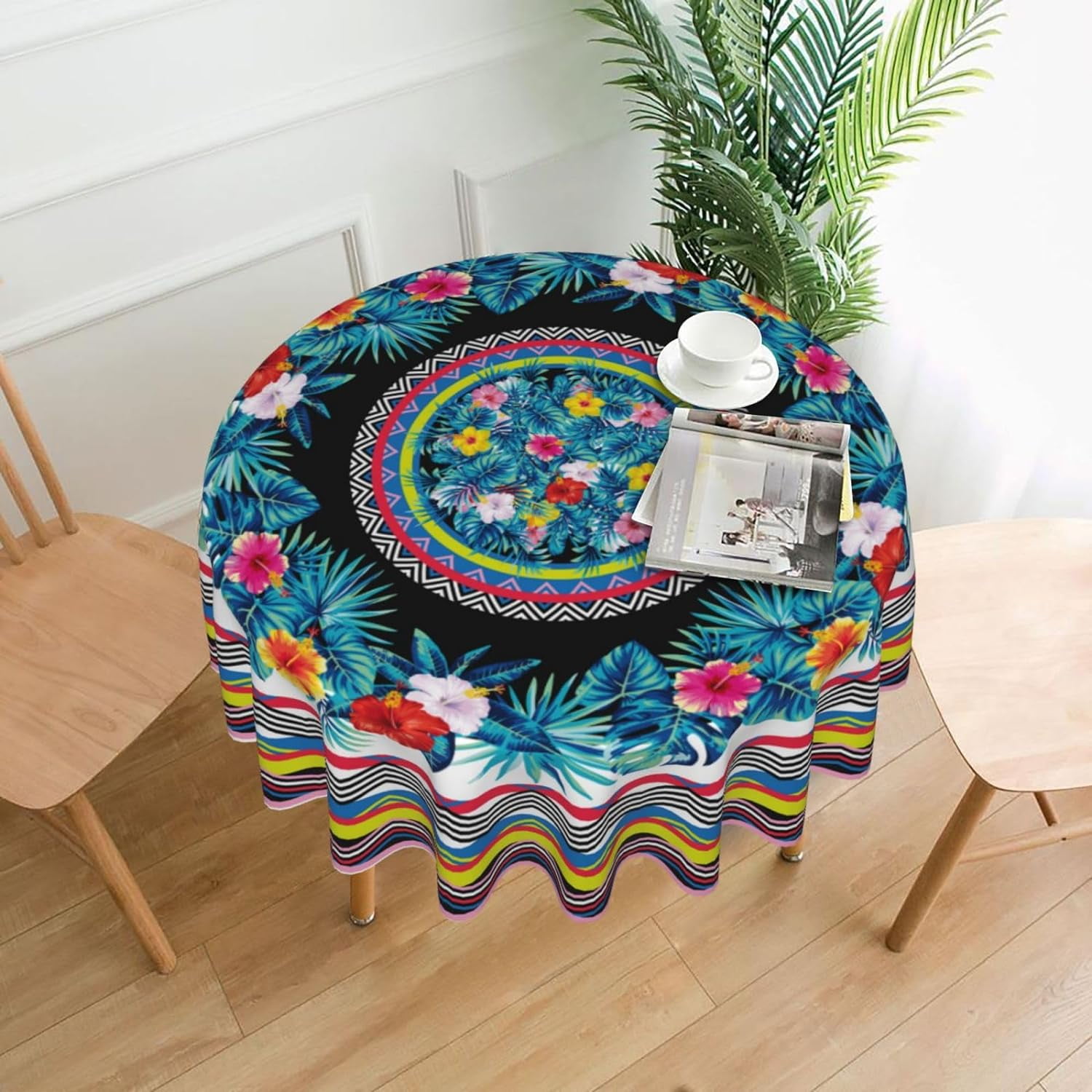 Tropical Palm Leaves Flowers Round Tablecloth 60 Inch, Waterproof Stain ...