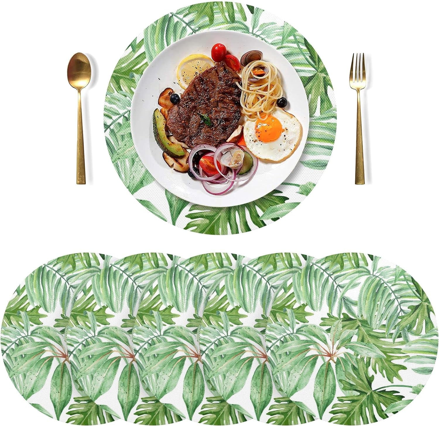 Tropical Palm Leaves Green Jungle [ת»»] Round Place Mats Set of 6, Heat ...