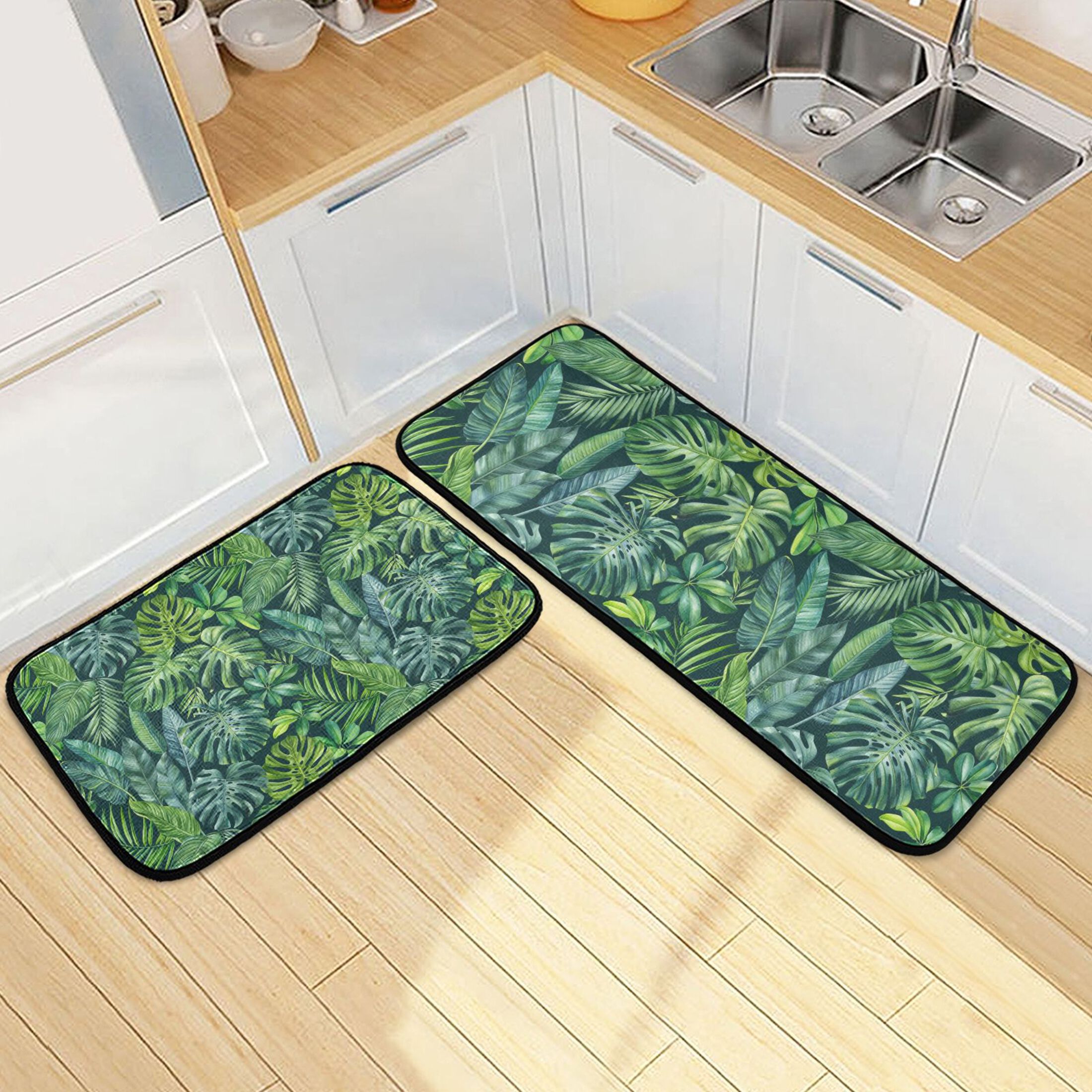 Tropical Palm Leaves Green Kitchen Mats Set 2 Piece Non Slip Floor Foam ...