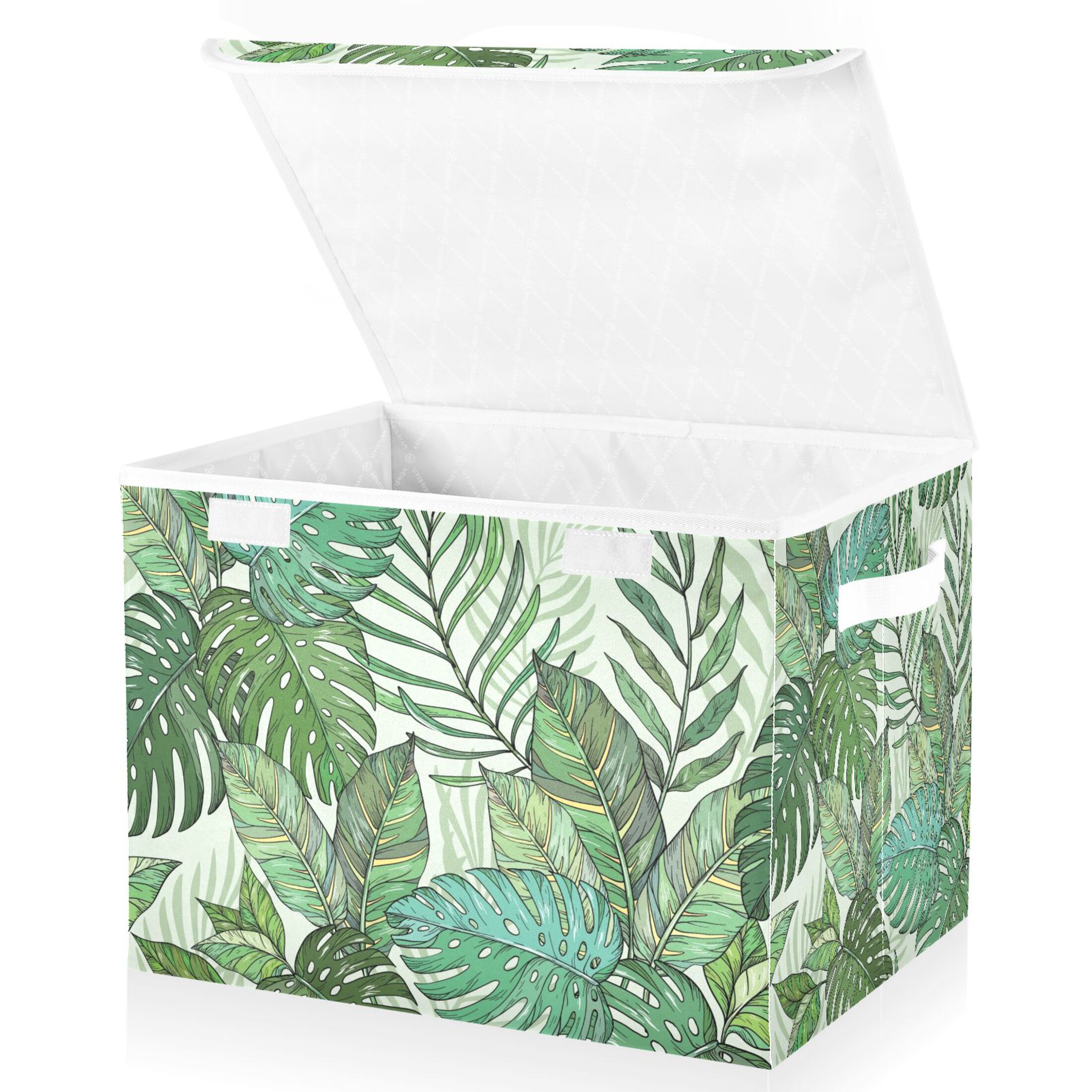 Tropical Palm Leaves on Green Large Lidded Storage Bin Foldable Storage ...