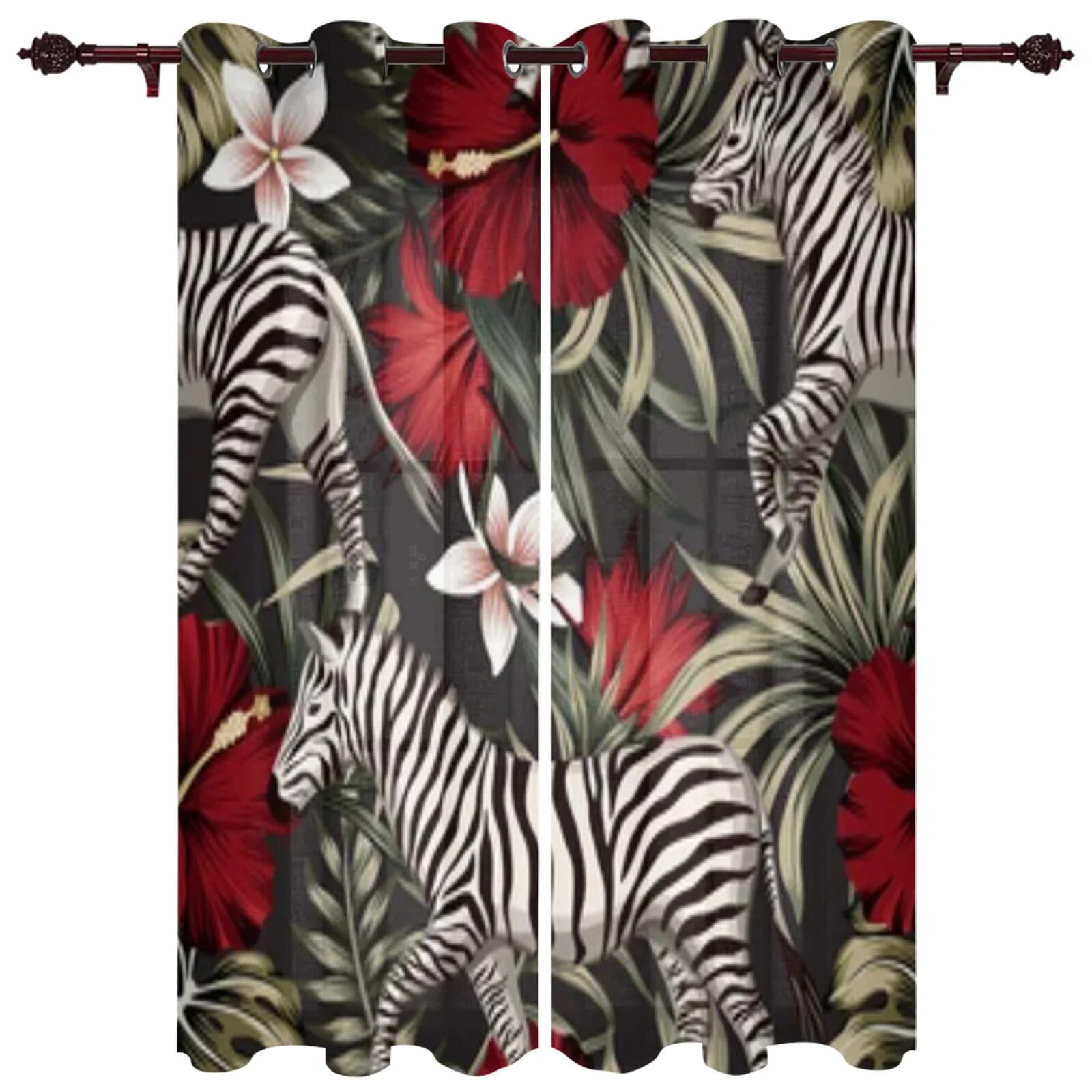 Tropical Palm Leaves Hibiscus Flower Zebra Window Curtains For Living