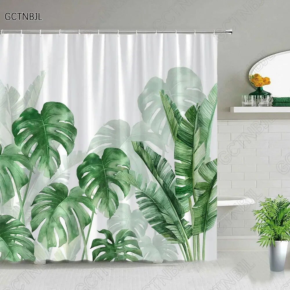 Tropical Palm Leaves Shower Curtain Set Green Plant Leaves Leaf Pumpkin
