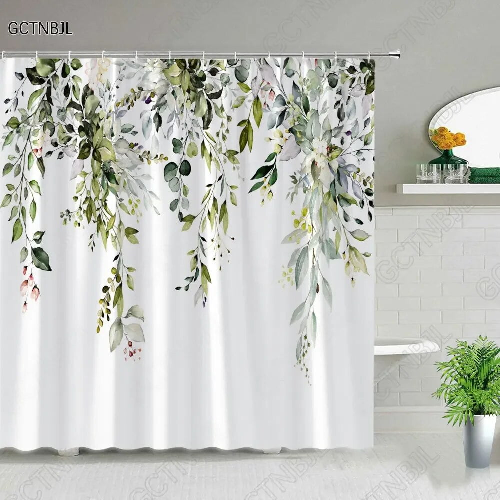 Tropical Palm Leaves Shower Curtain Set Green Plant Leaves Leaf Pumpkin