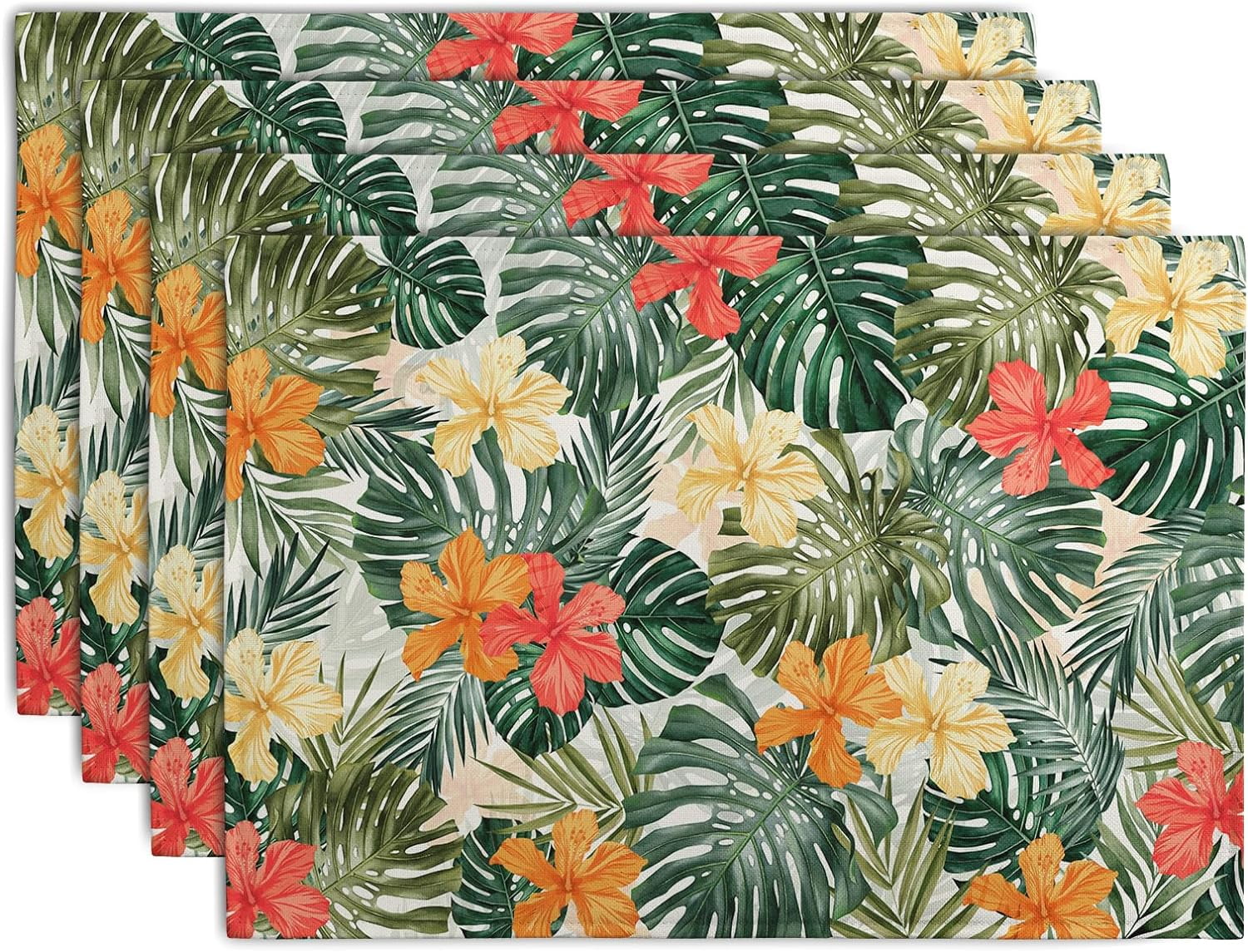 Tropical Palm Leaves Table Mats Set of 4 Summer Watercolor Hibiscus ...