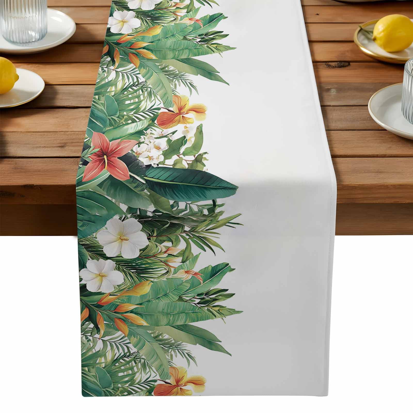 Tropical Palm Leaves Table Runner, Watercolor Floral Kitchen Table ...