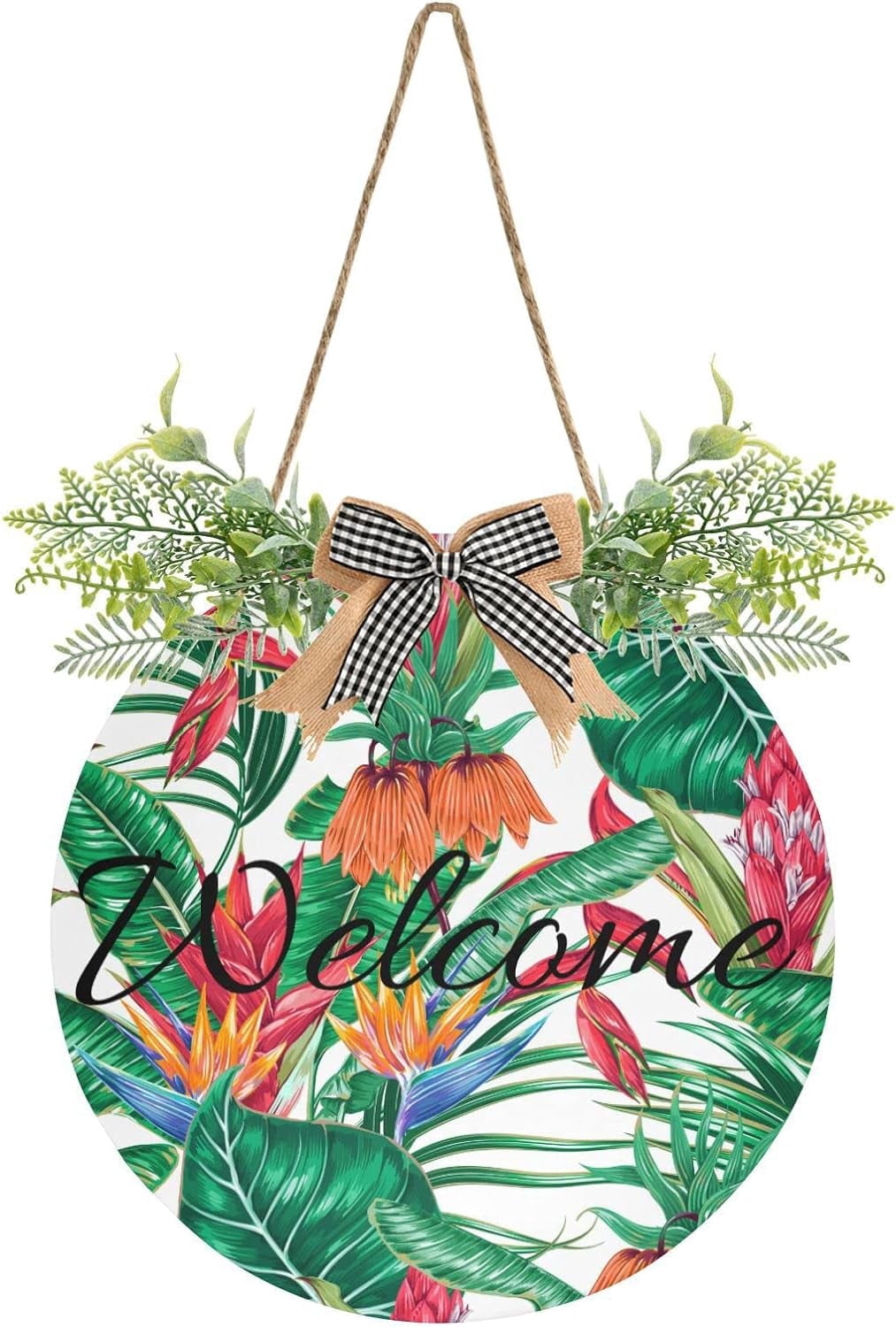 Tropical Palm Leaves Welcome Sign for Front Door, Round Sign Hanging ...