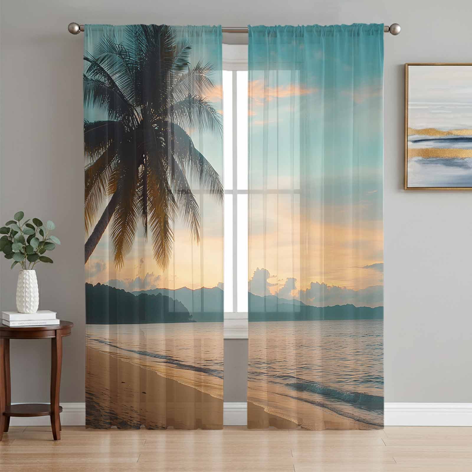 Tropical Palm Sheer Curtains 96 Inch Length 2 Panels Set, Coastal ...
