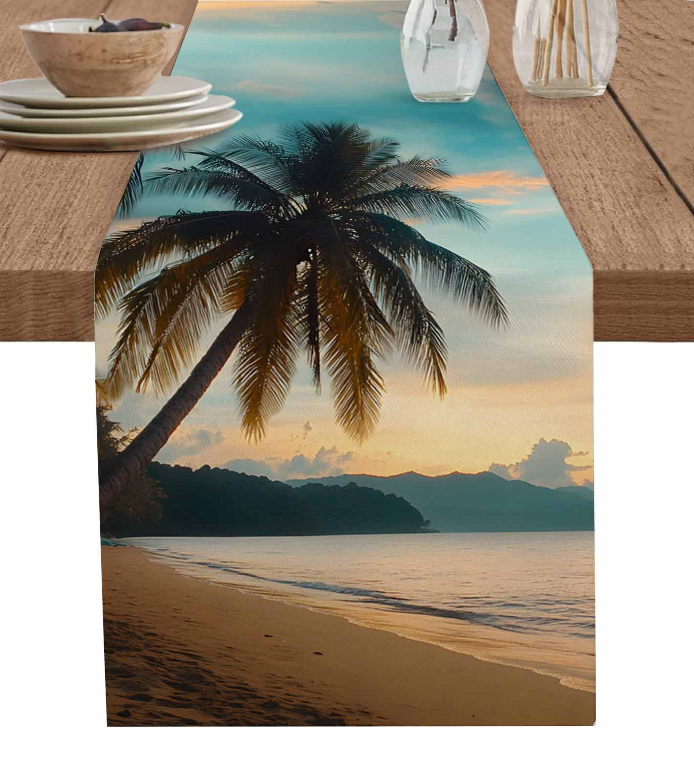 Tropical Palm Table Runner 90 Inches, Coastal Sunset Tree Branch Ocean ...
