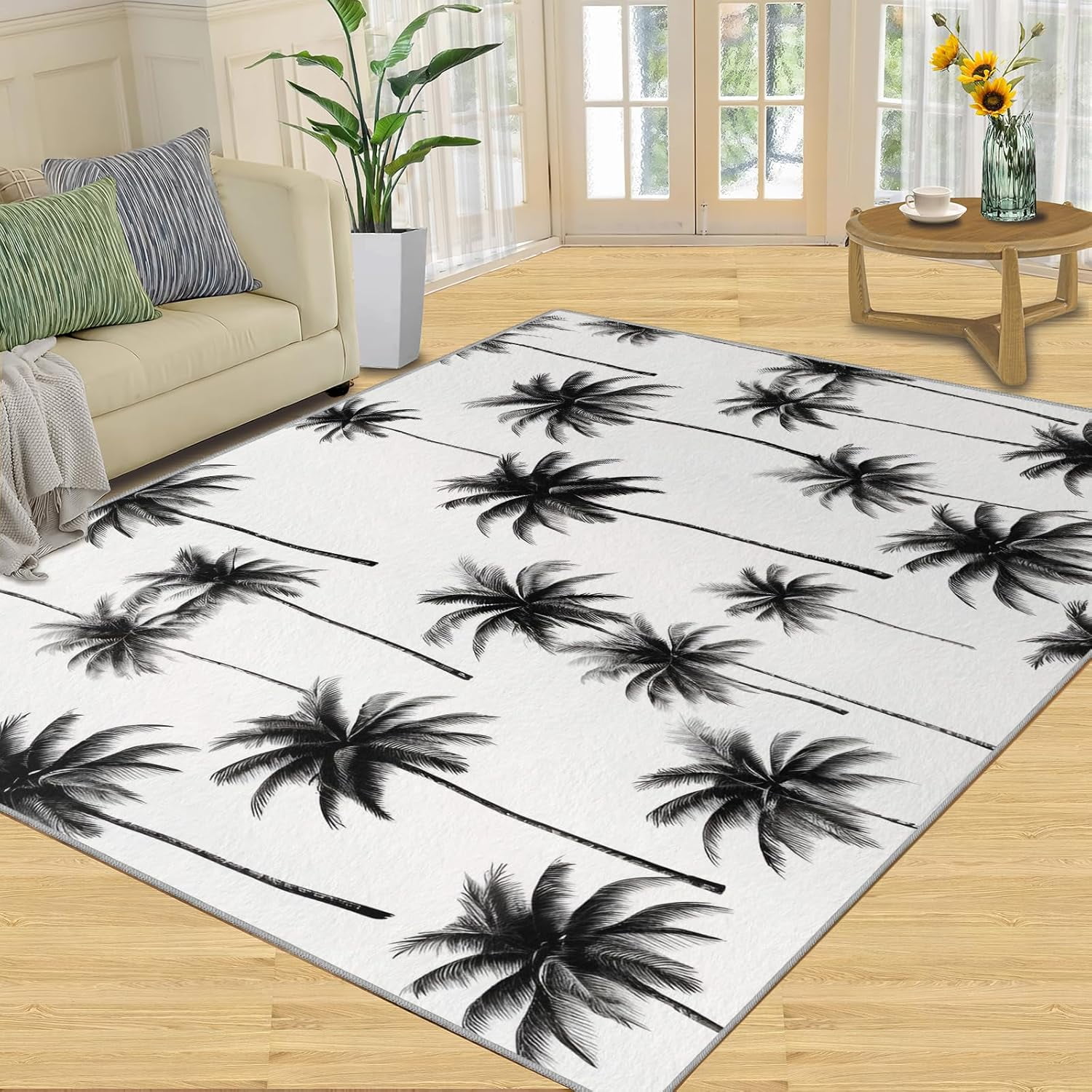 Tropical Palm Tree Area Rug Modern Black And White Beach Bedroom Rug ...