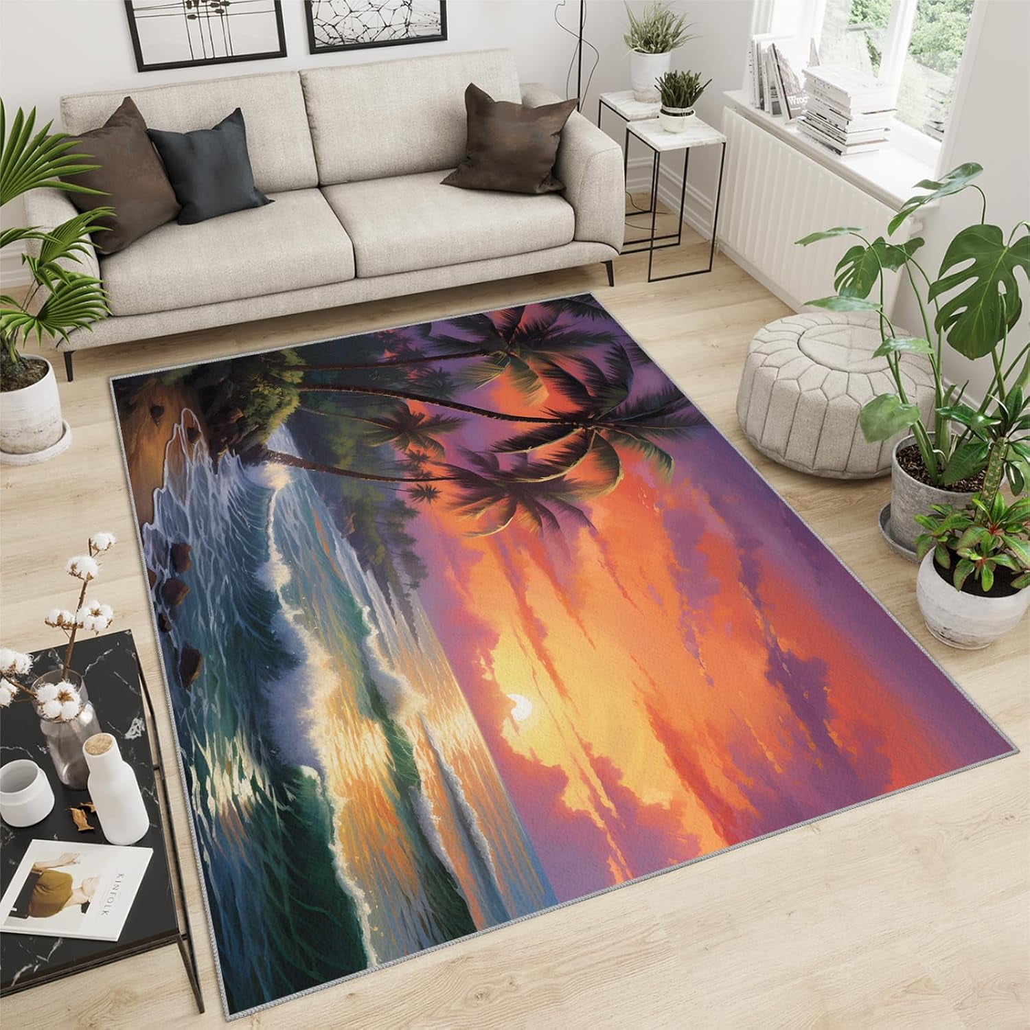 Tropical Palm Tree Area Rug Ocean Sunset Landscape Pattern Bedroom Rug ...