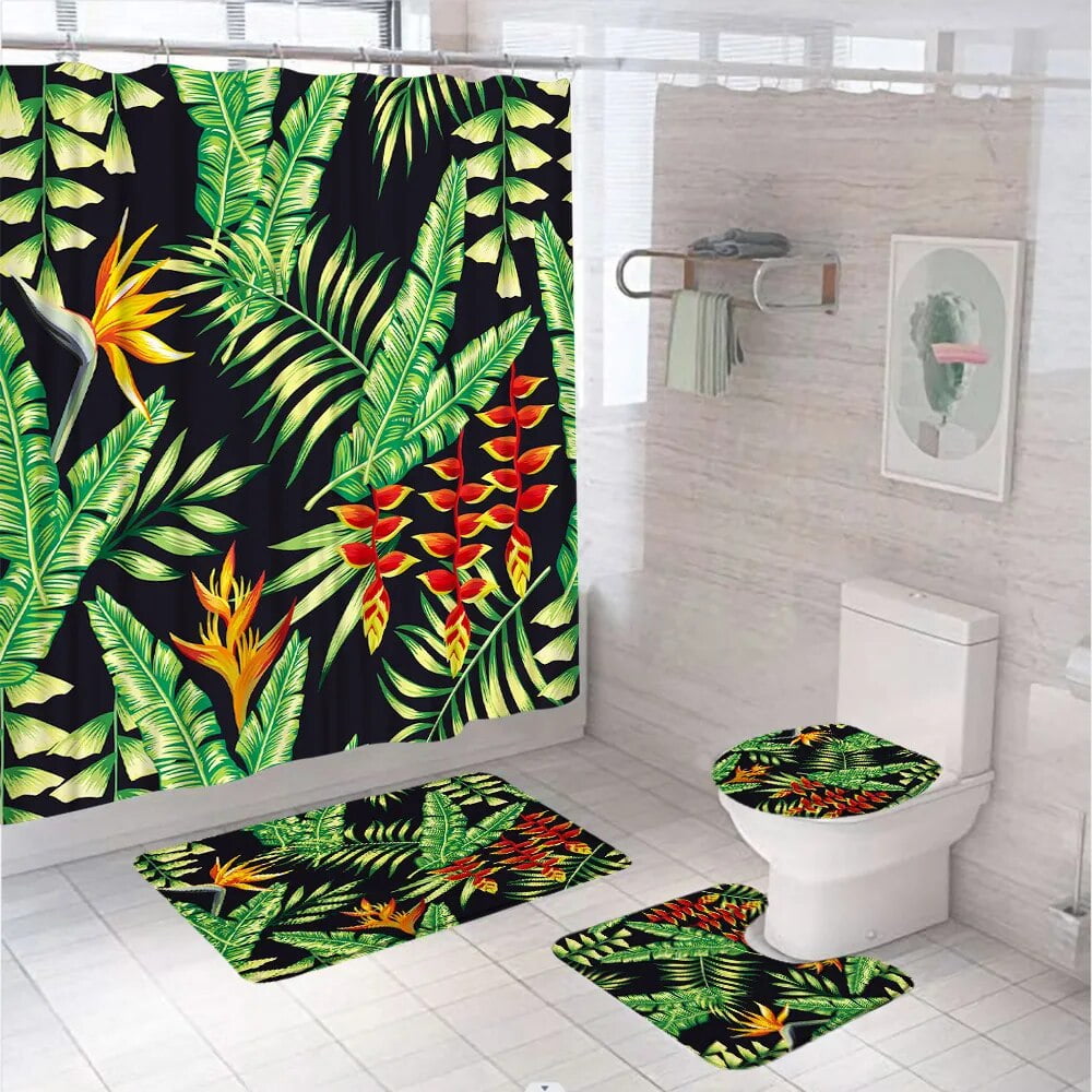 Tropical Palm Tree Bathroom Shower Curtain Set Banana Leaves Plant ...