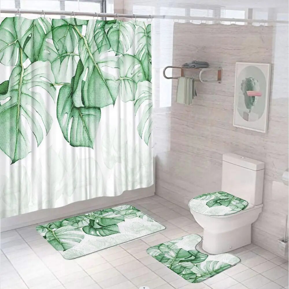 Tropical Palm Tree Bathroom Shower Curtain Set Banana Leaves Plant ...