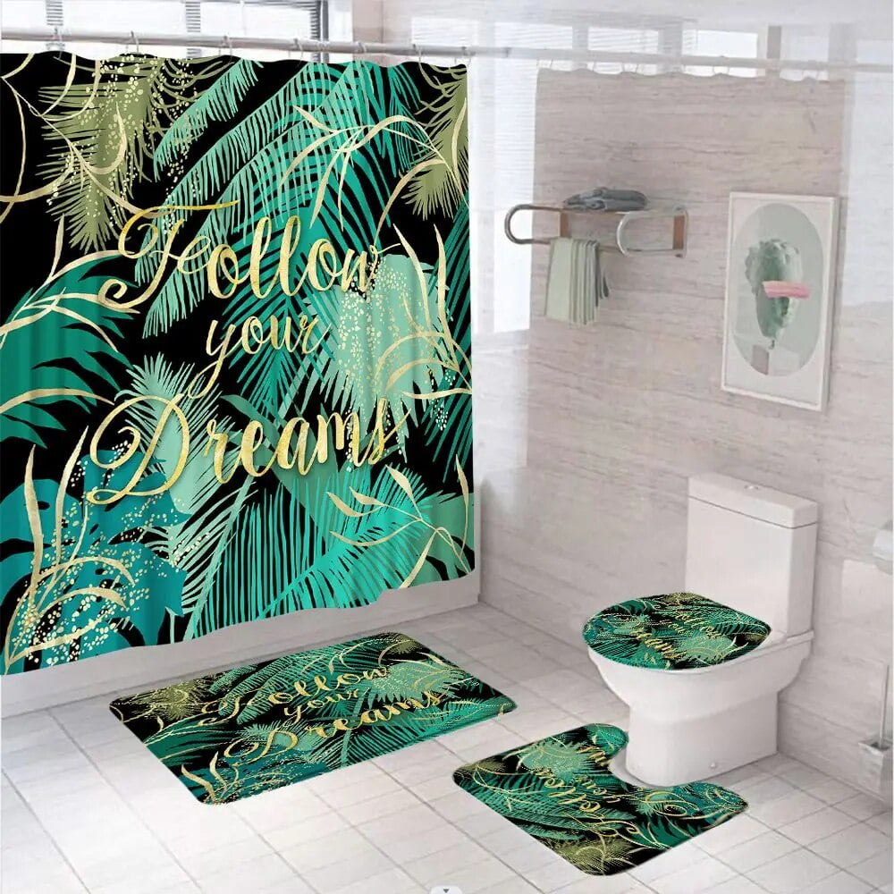 Tropical Palm Tree Bathroom Shower Curtain Set Banana Leaves Plant ...