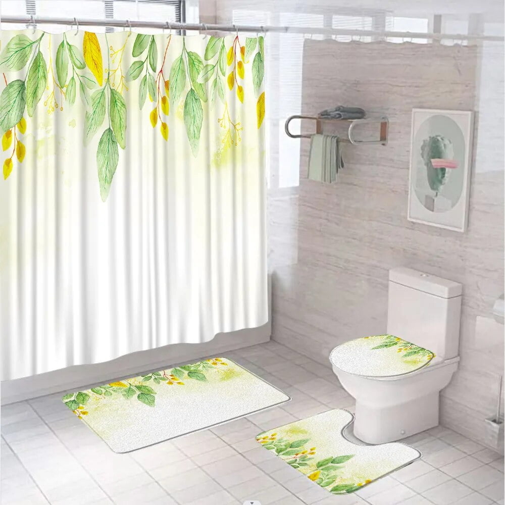 Tropical Palm Tree Bathroom Shower Curtain Set Banana Leaves Plant ...