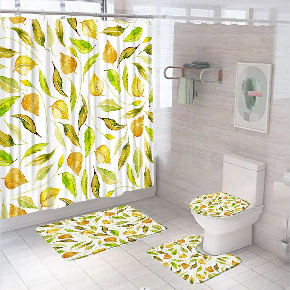 Tropical Palm Tree Bathroom Shower Curtain Set Banana Leaves Plant ...